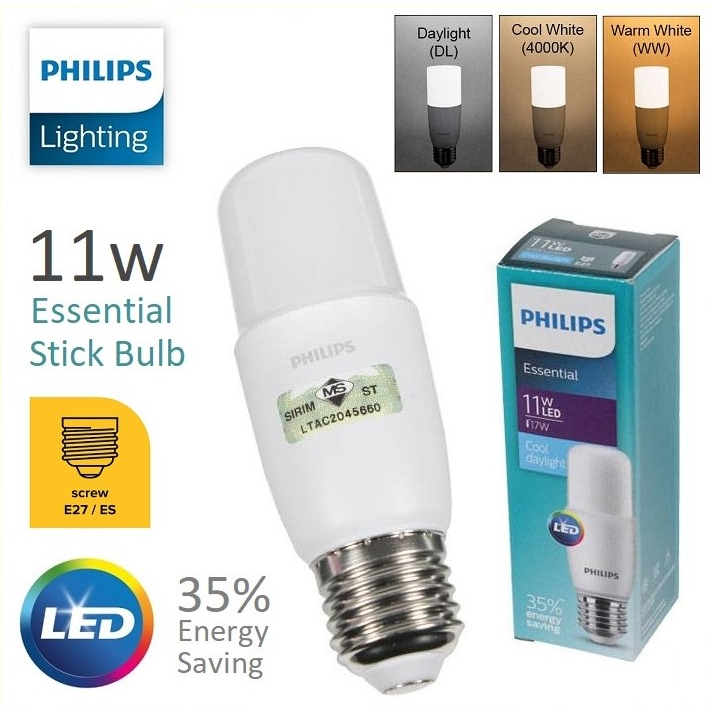 PHILIPS ESSENTIAL LED STICK 11W E27 DAYLIGHT 6500K / COOL WHITE 4000K / WARMWHITE 3000K | Shopee ...