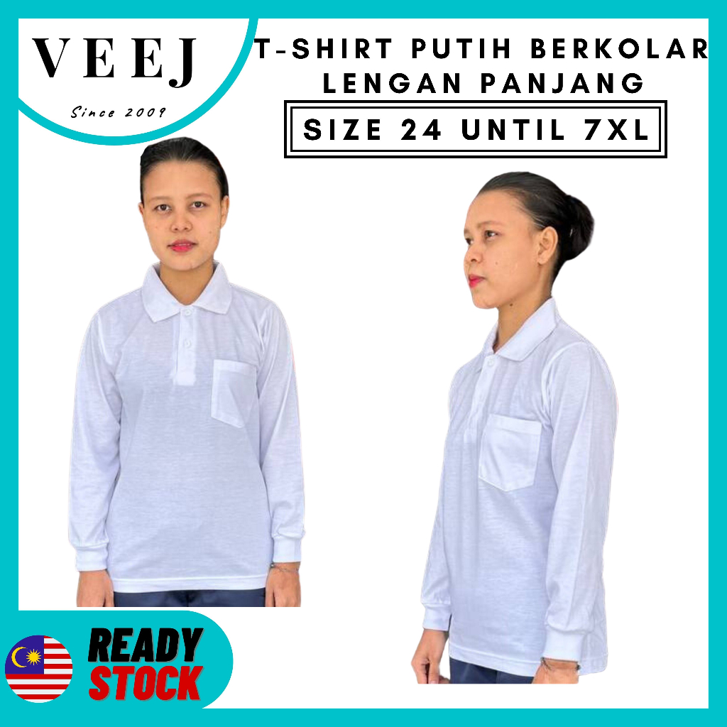 T-SHIRT WHITE PLAIN COLLAR NECK LONG SLEEVE LENGAN PANJANG PUTIH T ...