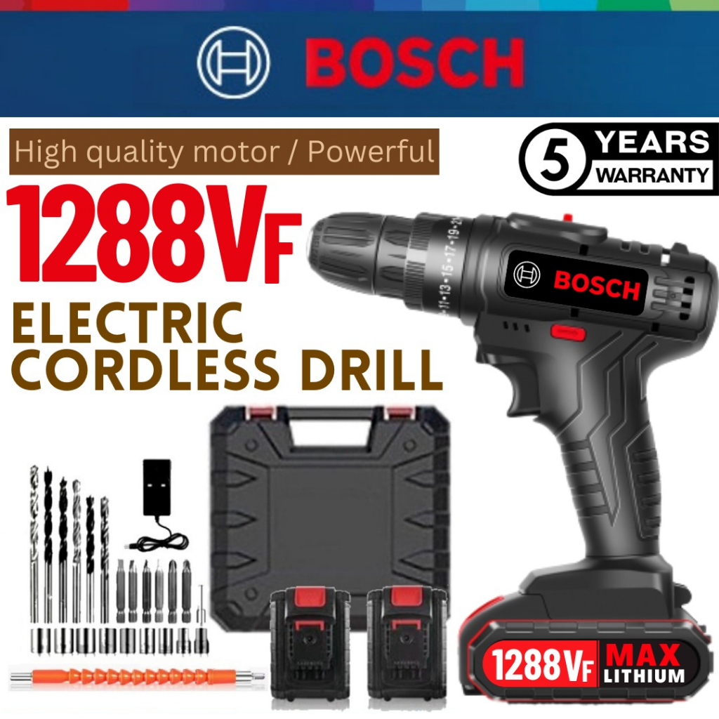 BOSCH 1288V Cordless Hand Drill Set Hammer Impact Drill bits 2 Battery ...