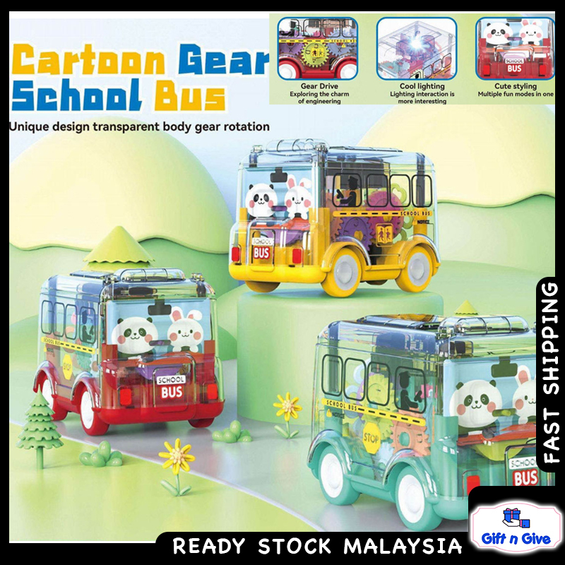 Cartoon Gear School Bus Inertia Push Friction Power Car with Light Toys ...