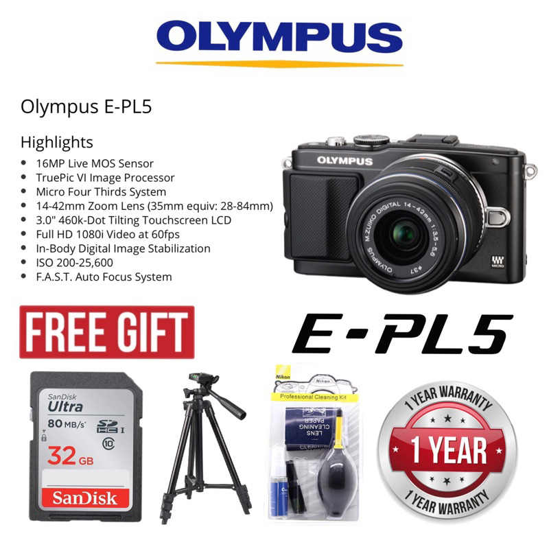 Olympus E-PL5 14-42mm Kit Lens True Pic Live MOS Sensor 60Fps Video ...