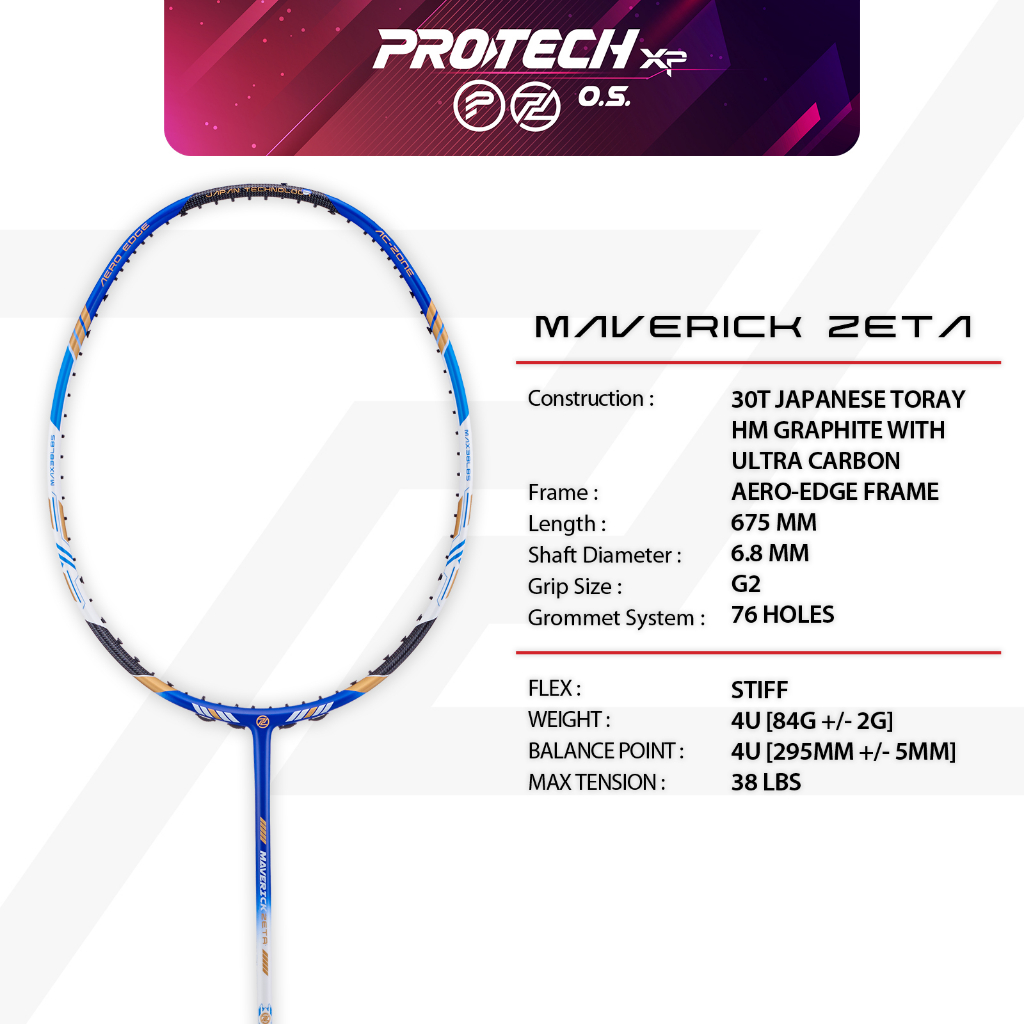 PROTECH Badminton Racket - Maverick Zeta (4UG2)(MAX 38LBS)(FREE String + Grip + Bag) | Shopee ...
