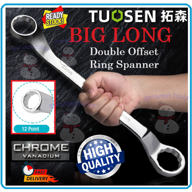 BIG LONG (12 Point) CRV Double Offset Ring Spanner Anti Corrosion 45 Degree Ended Dual Head Box ...