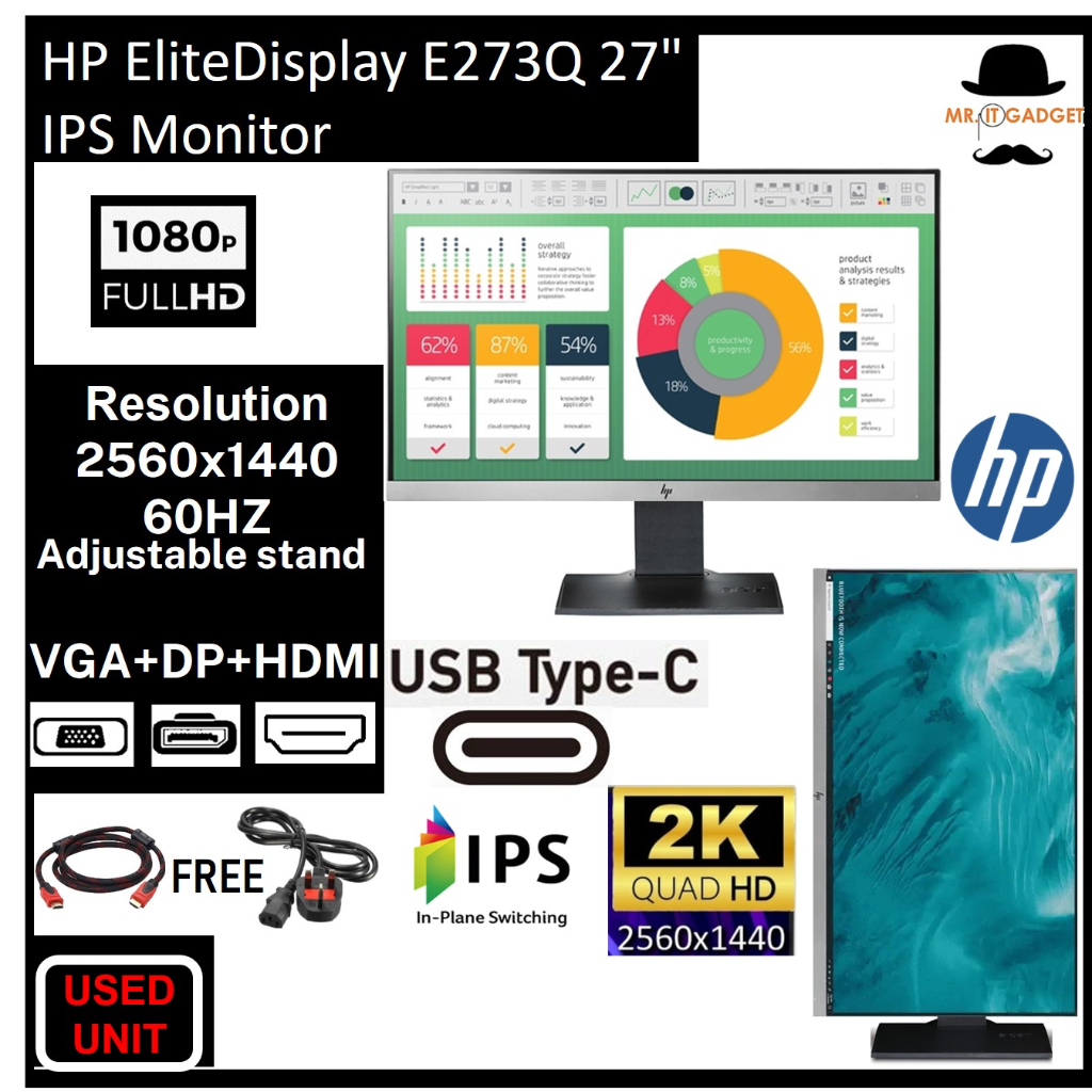 HP ELITEDISPLAY E273q 27"Inch Monitor IPS PANEL 2K Resolution (2560 x ...