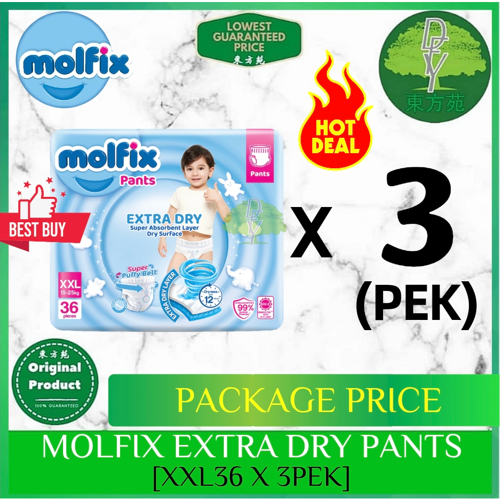 Molfix Extra Dry Pants (S66 / M58 / L48 / XL42 / XXL 36 / XXXL 20) X 3 ...