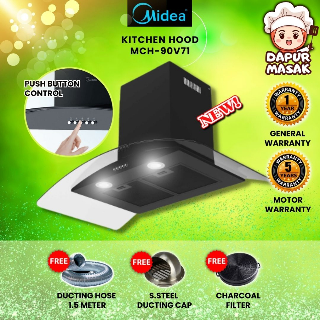 Dapur Masak Midea Hood Cooker MCH-90V71 Kitchen Hood and Hob Penyedut ...