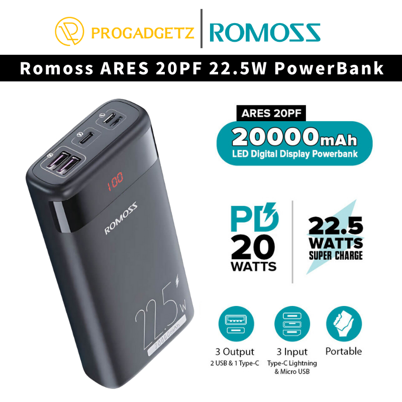 ROMOSS ARES 20PF 22.5W Powerbank Two-way Fast Charging QC3.0 Dual USB 3 ...