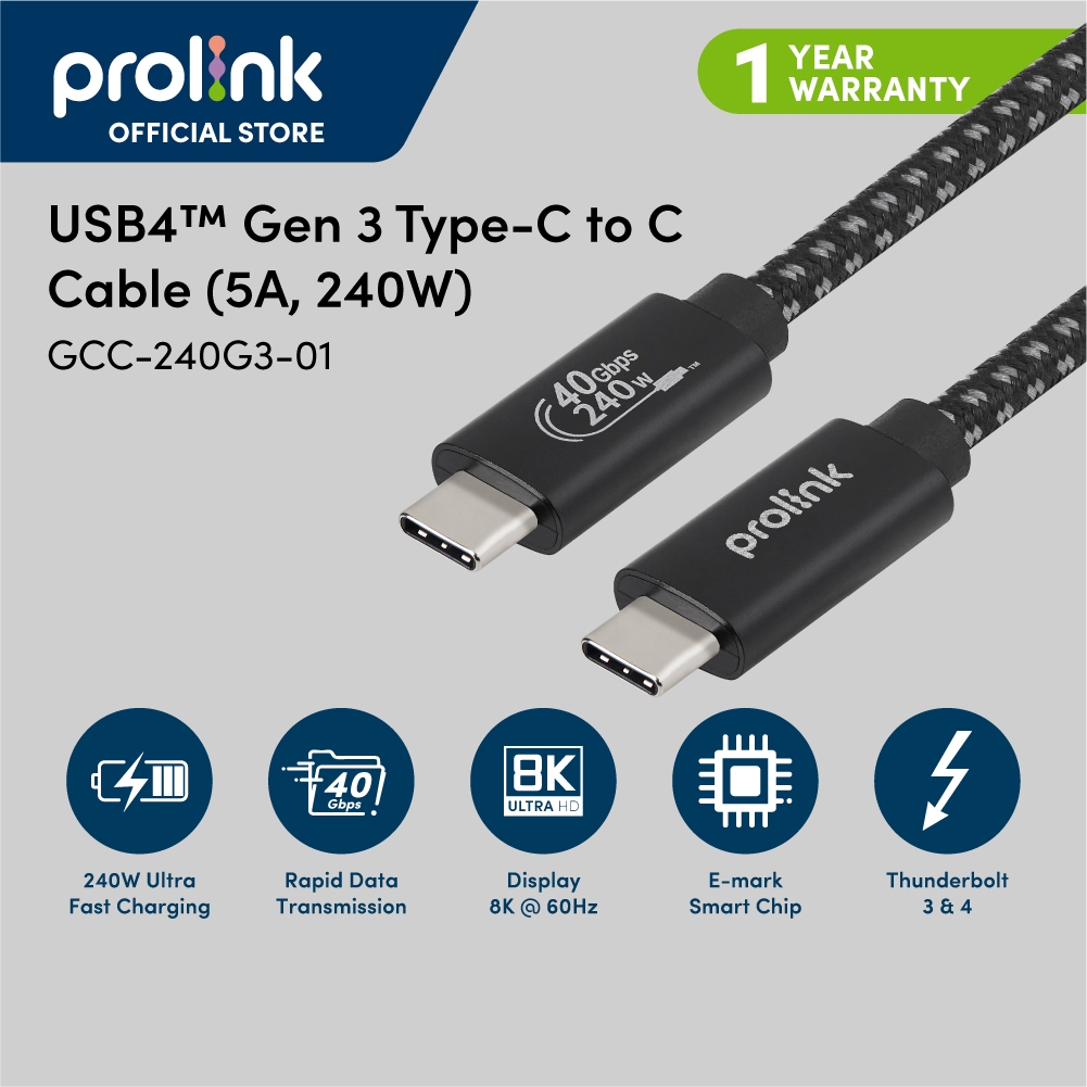 Prolink 240W PD3.1 USB4 Gen 3x2 40Gbps 8K 60Hz Cable - Compatible Thunderbolt 4 Data USB-C ...