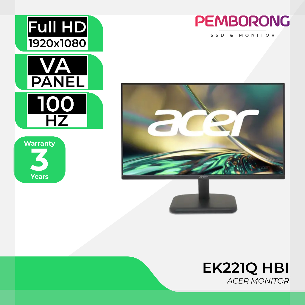 MONITOR ACER LED FLAT 21.5'' (EK221Q HBI) VA/FHD/5MS/HDMI/VGA/100HZ ...