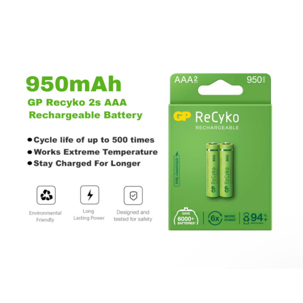 GP ReCyko Rechargeable AAA GP100AAAHCE-2WB2 (950mAh x 2 Batteries Pack ...