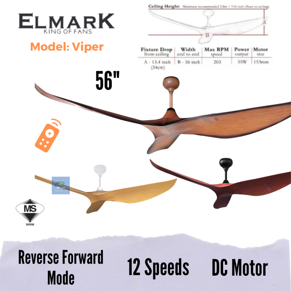 ELMARK VIPER 168 56” REMOTE CONTROL CEILING FAN 3 BLADES DC MOTOR ...