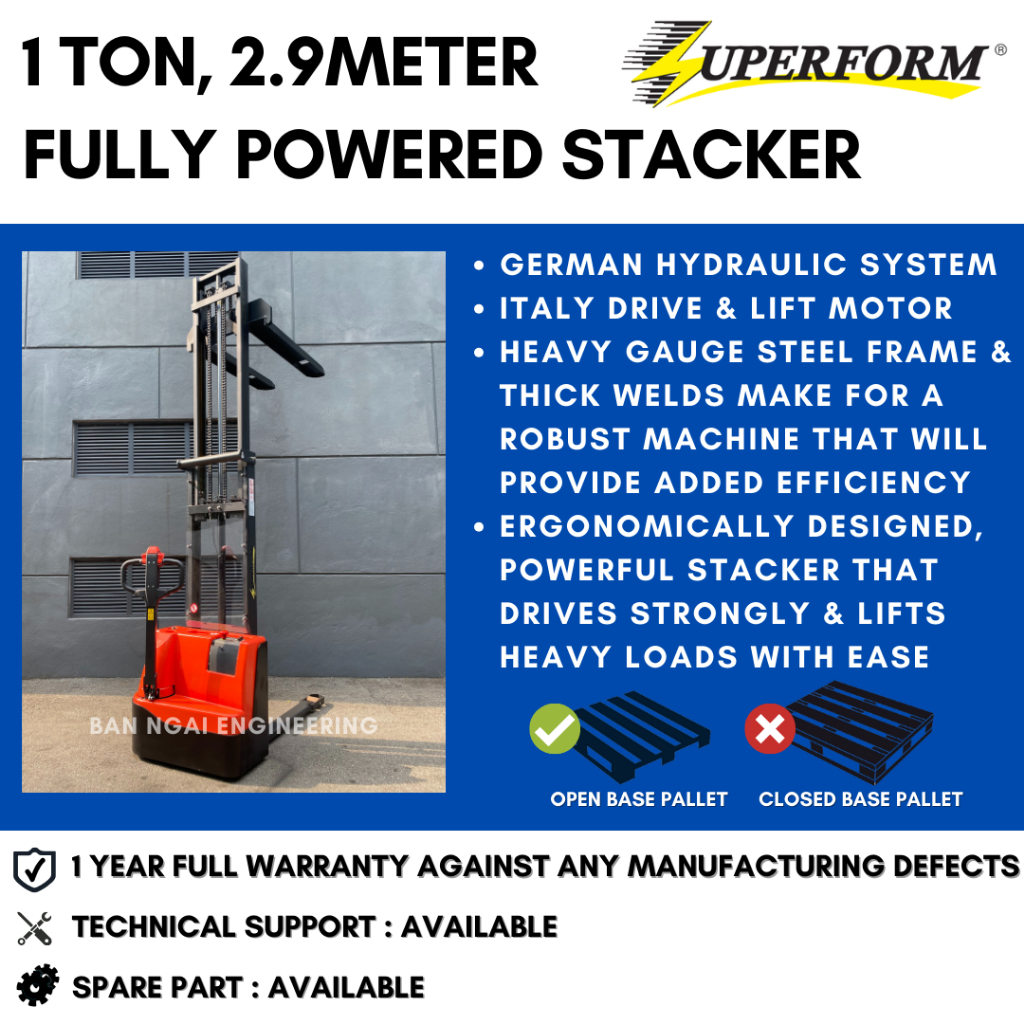 SUPERFORM 1 TON 2.9 METER Fully Powered Stacker Fully Electric Pallet Forklift Powered Pallet ...
