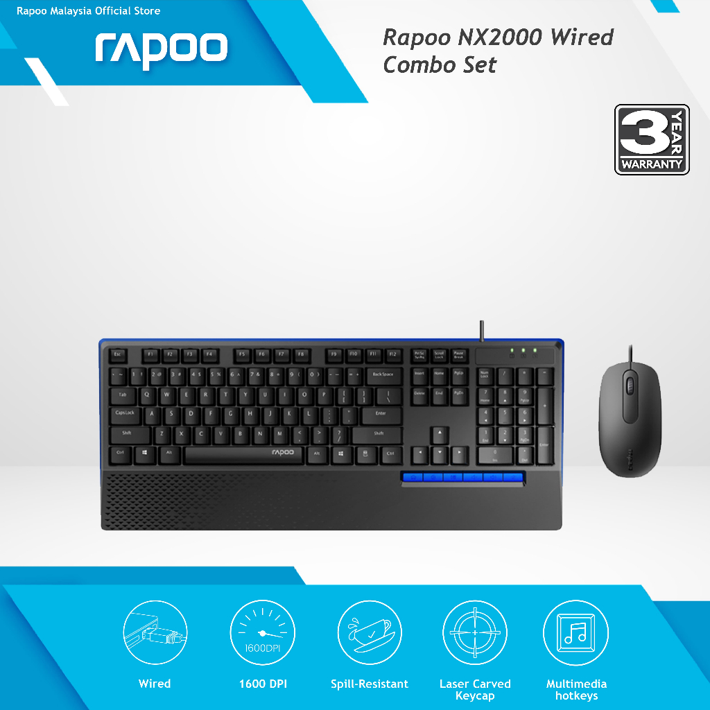 Rapoo NX2000 Wired Spill-Resistant Keyboard & 1000 DPI Sensor Mouse ...