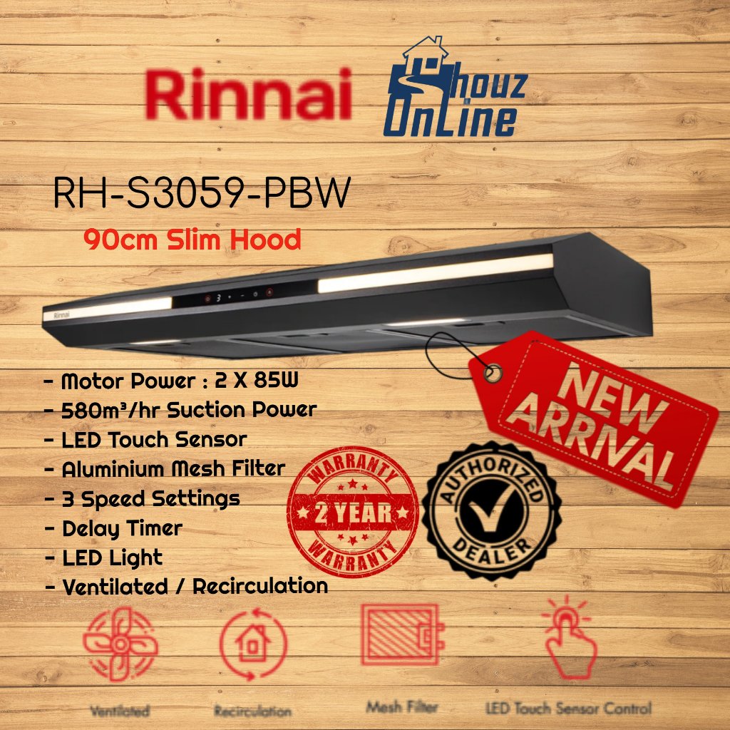 Rinnai - RH-S3059-PBW - 90cm Slim Cooker Hood Recirculation / Ventilated / S3059 / Cooking Hood ...