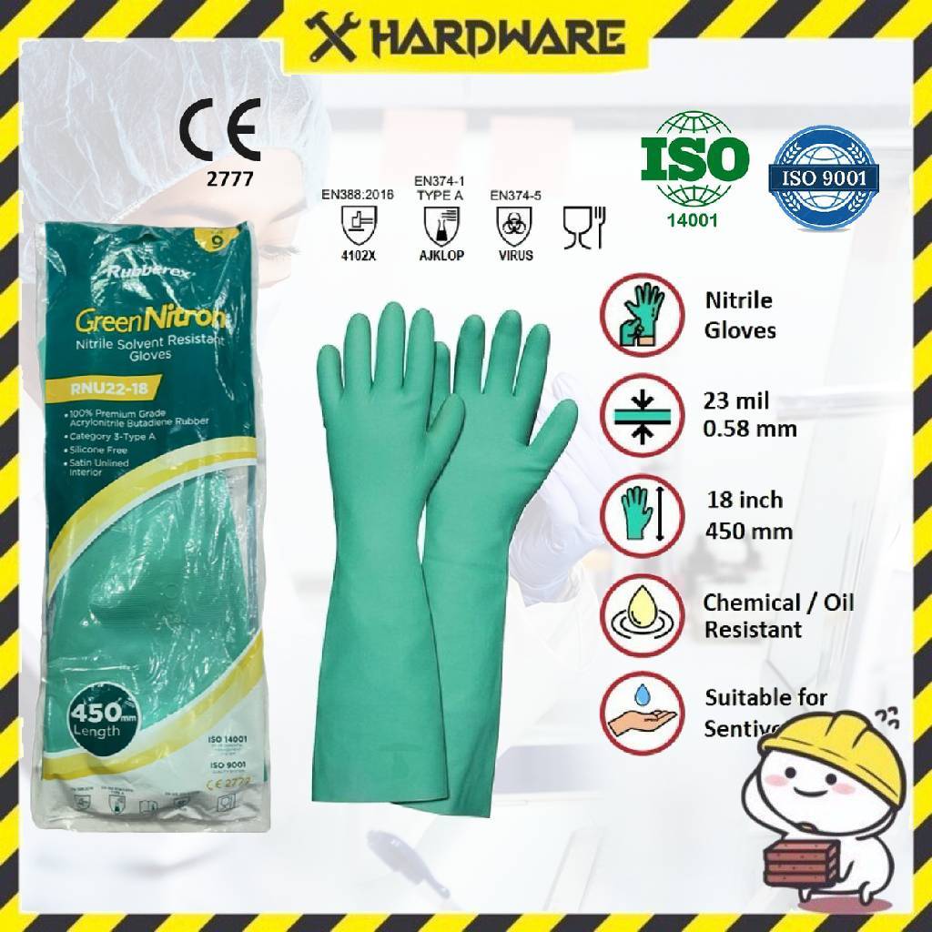 450mm 18" Rubberex Heavy Duty Long Chemical Resistance Green Nitrile ...