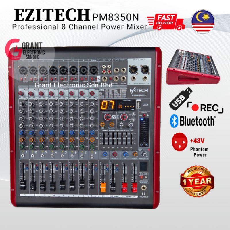 EZITECH PM8350N 8 Channel Professional Power Mixer Bluetooth 2x350W ...