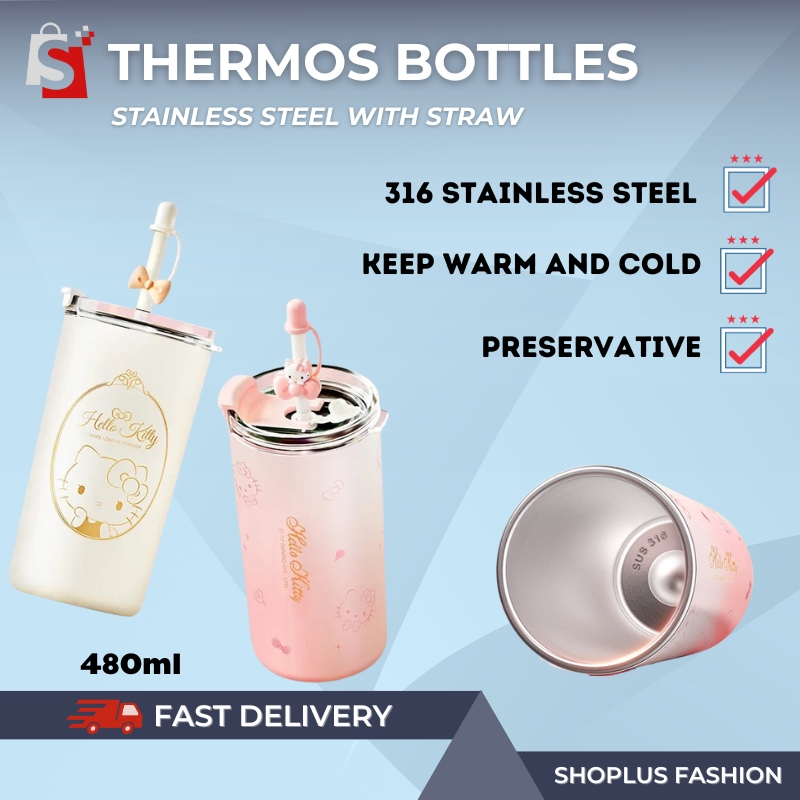 【SHOPLUS】Thermos Bottles 480ML Stainless Steel With Straw HelloKitty ...