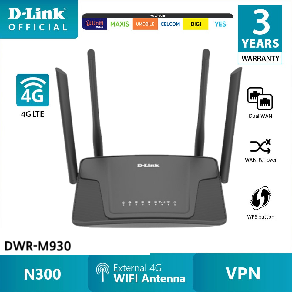 D-Link N300 4G LTE Sim Card Wireless Router build in VPN Client with 4 external antenna support ...