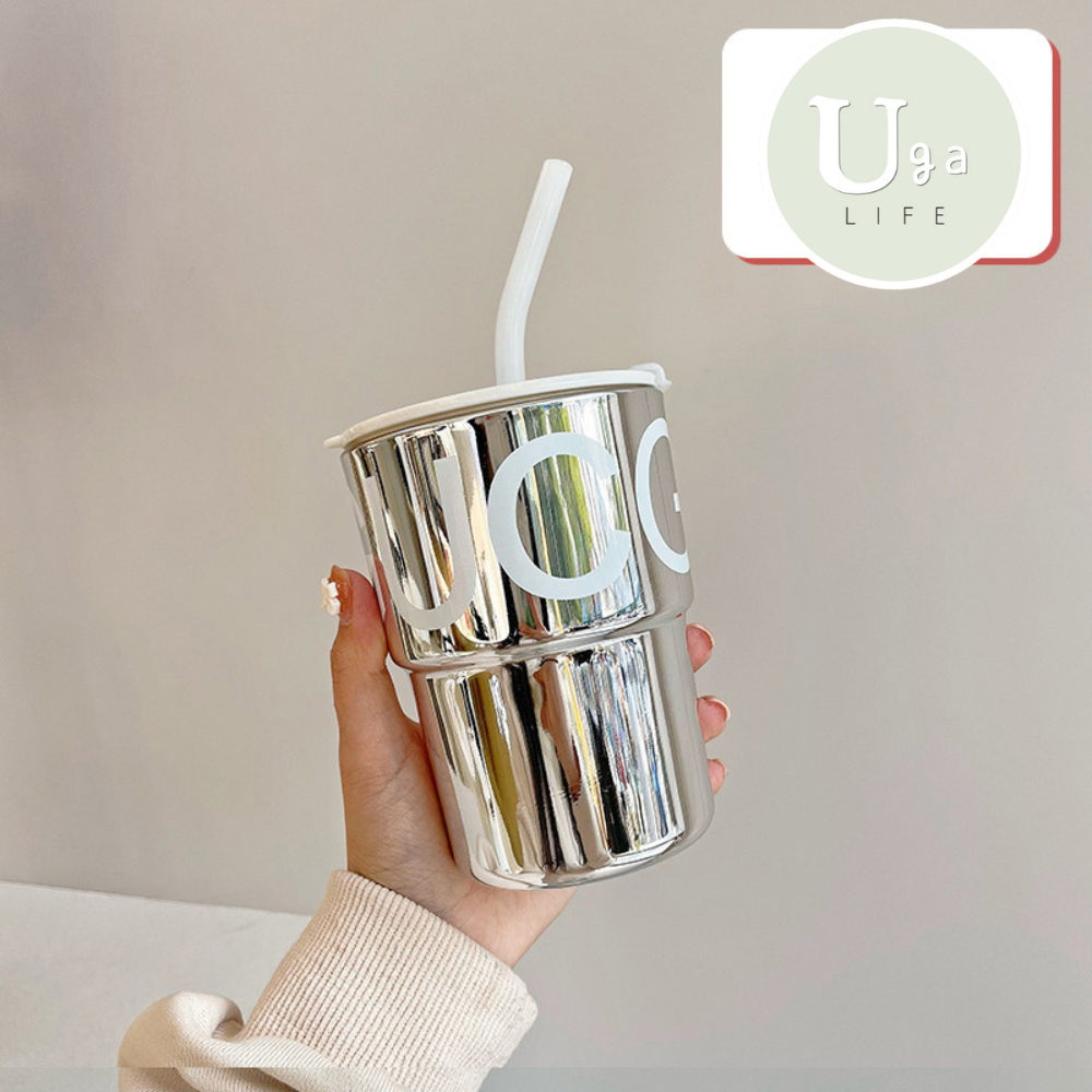 GUCGRES Glass Mug with straw 400ml Portable Glass Cup Water Cup Drink ...