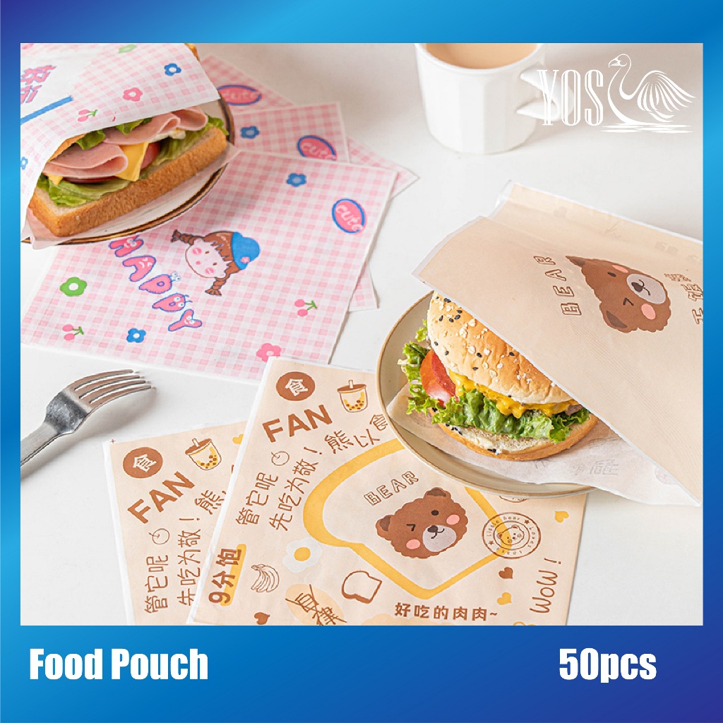 [50pcs] Greaseproof Food Pouch Wax Paper Checker Sandwich Wrap Bread ...