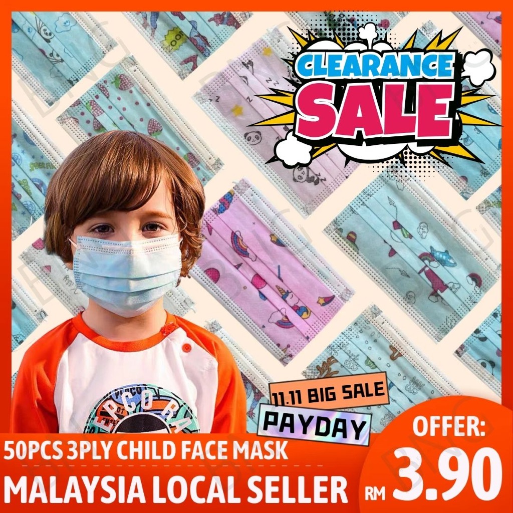 50PCS KIDS Disposable Protective 3PLY Earloop Face Mask Cartoon Budak ...