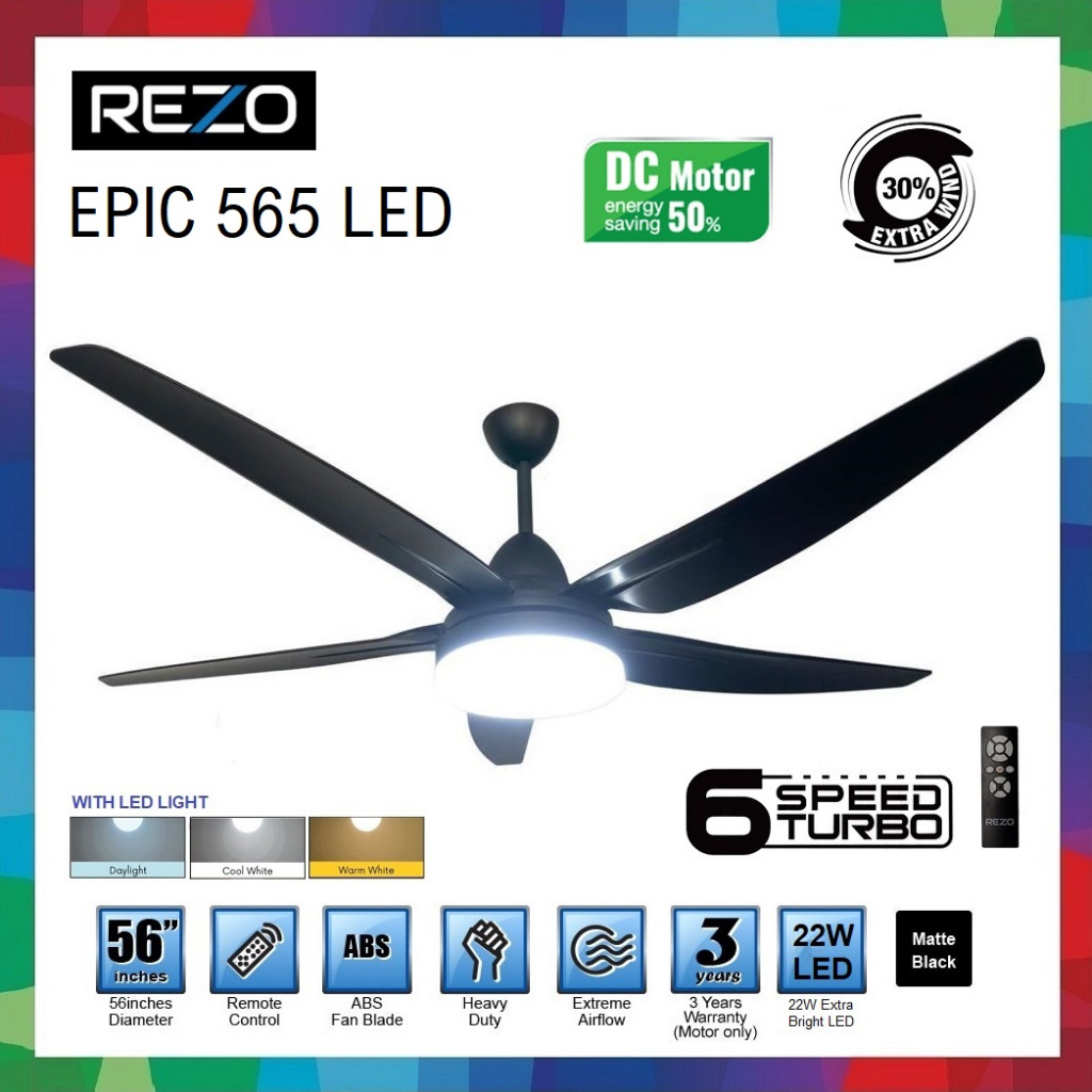 REZO 56" Remote Ceiling Fan EPIC565 LED DC MOTOR with light 3 Colour ...
