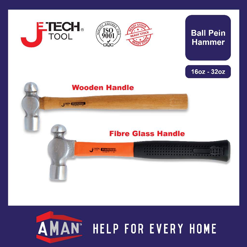 JETECH Ball Pein Hammer Wooden Handle Fibre Glass Handle Ballpein Ball ...