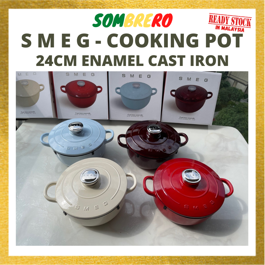 SMEG Cooking Pot Stew Pot Enamel Coating Cast Iron Casserole Dish 24cm ...