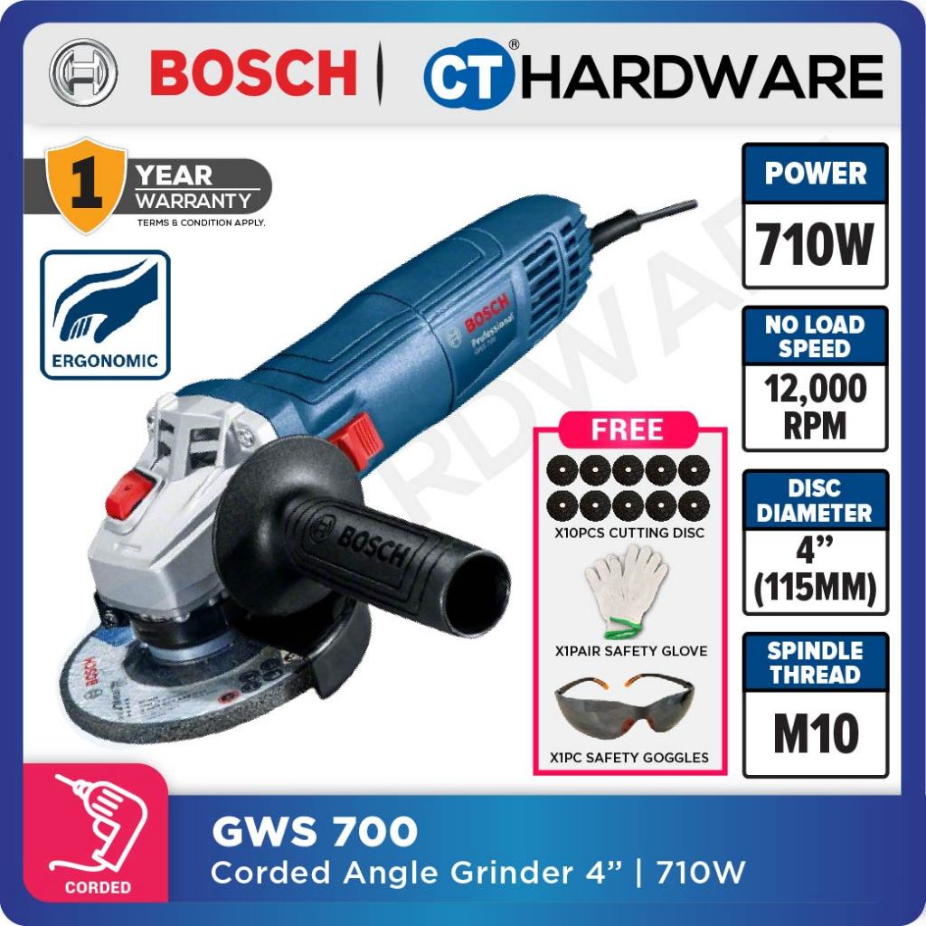 BOSCH GWS 700 ANGLE GRINDER 4" | 710W | M10 | 12,000RPM COME WITH ...