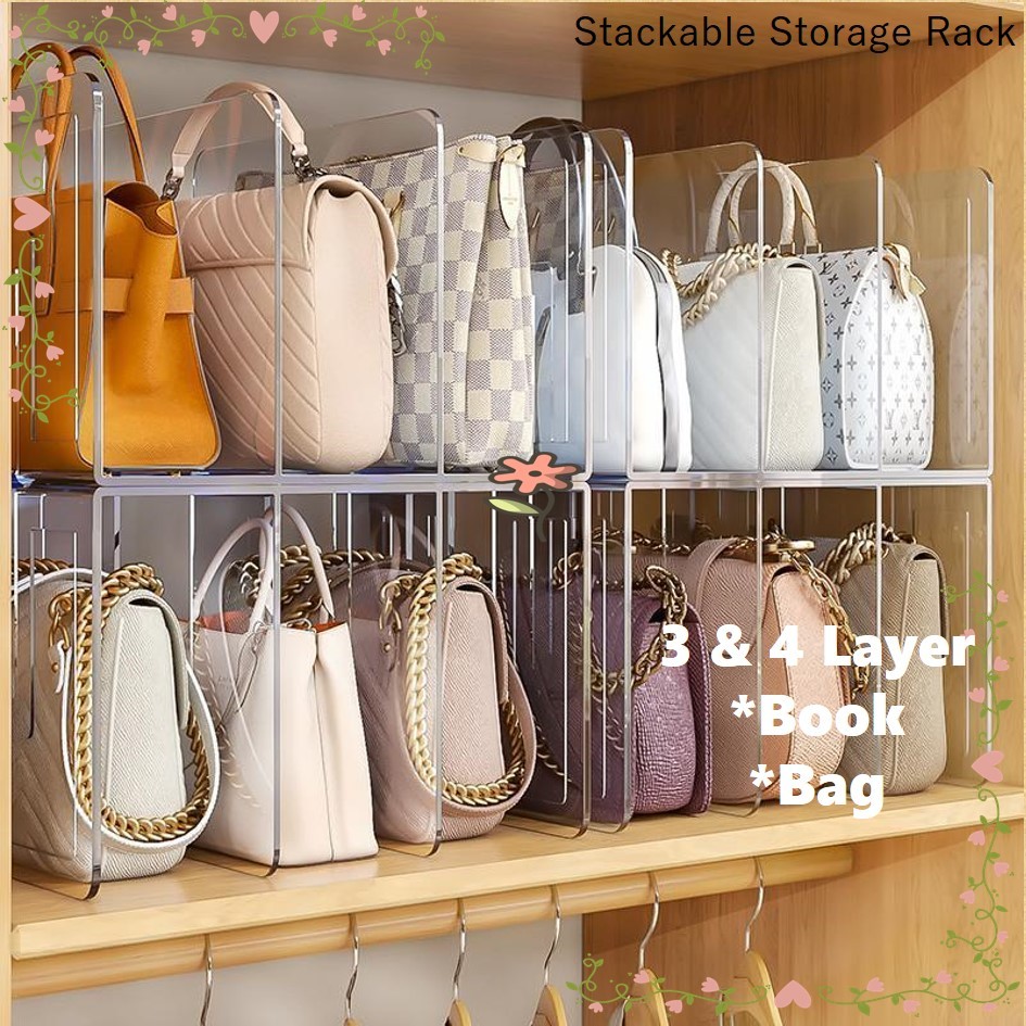 Divider Shelf Stackable Bag Storage Rack Box Transparent Cabinet Desk ...