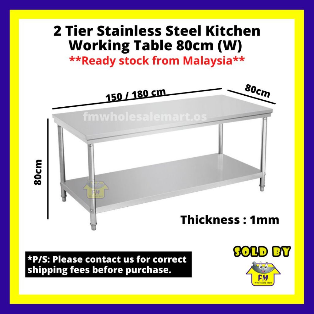 2 Tier Stainless Steel Kitchen Working Table / Workbench 80cm (W ...