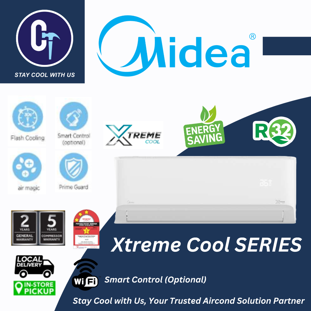 Midea R32 Aircond (1.0HP-2.5HP) MSAG Xtreme Cool Non Inverter Series With Ionizer Air ...