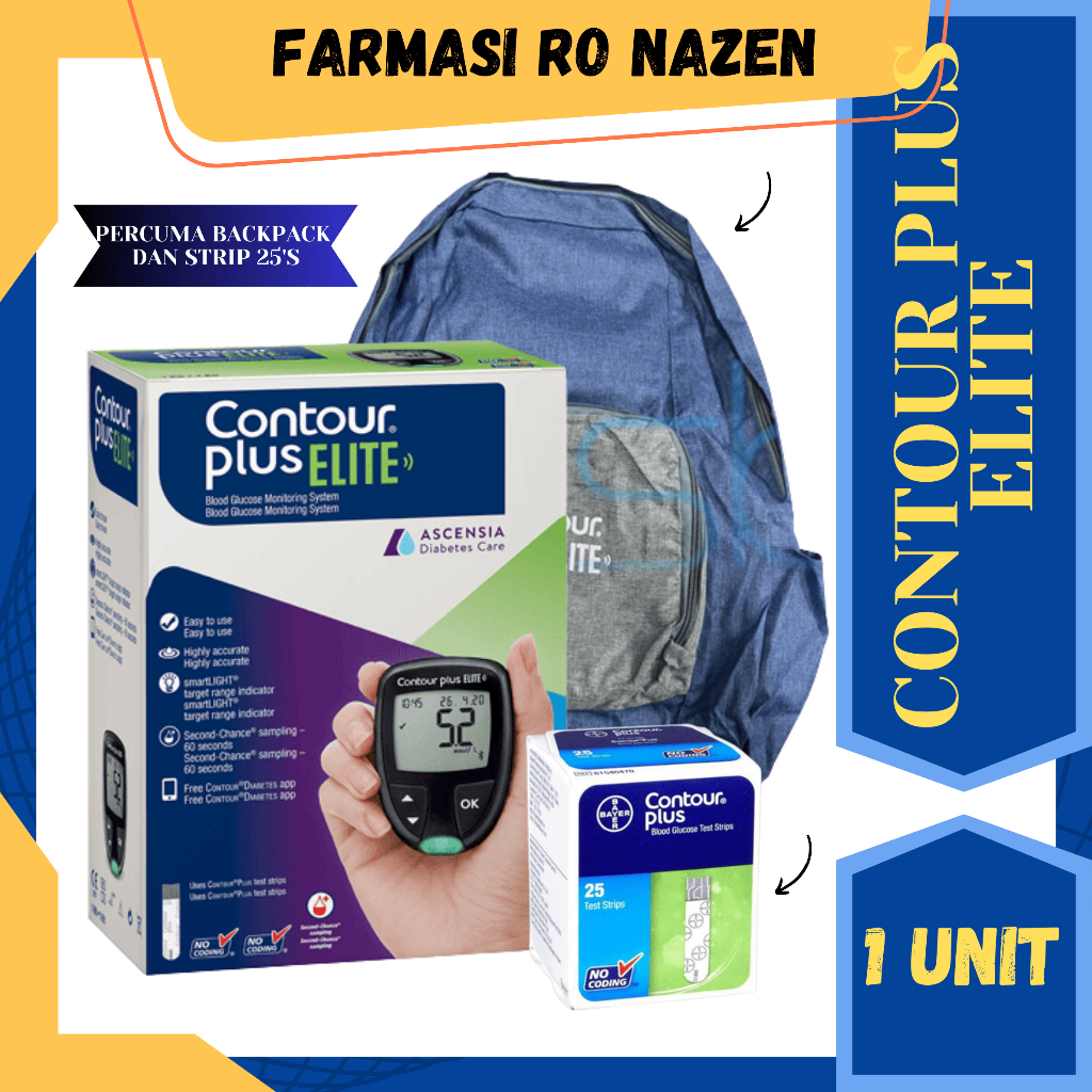 CONTOUR PLUS ELITE { BLOOD GLUCOSE MONITORING SYSTEM} NEW VERSION (Free Backpack, 25's strips ...
