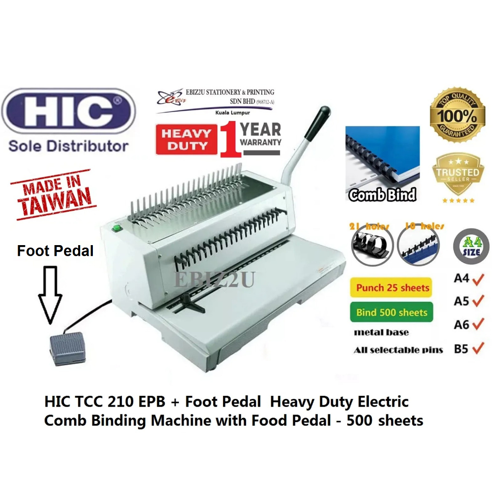 HIC TCC 210 EPB + Foot Pedal Heavy Duty Electric Comb Binding Machine ...