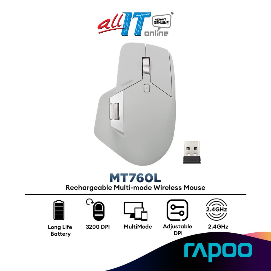 Rapoo MT760L Rechargeable Multi-Mode Wireless Mouse Ergonomic Bluetooth Mouse | Shopee Malaysia