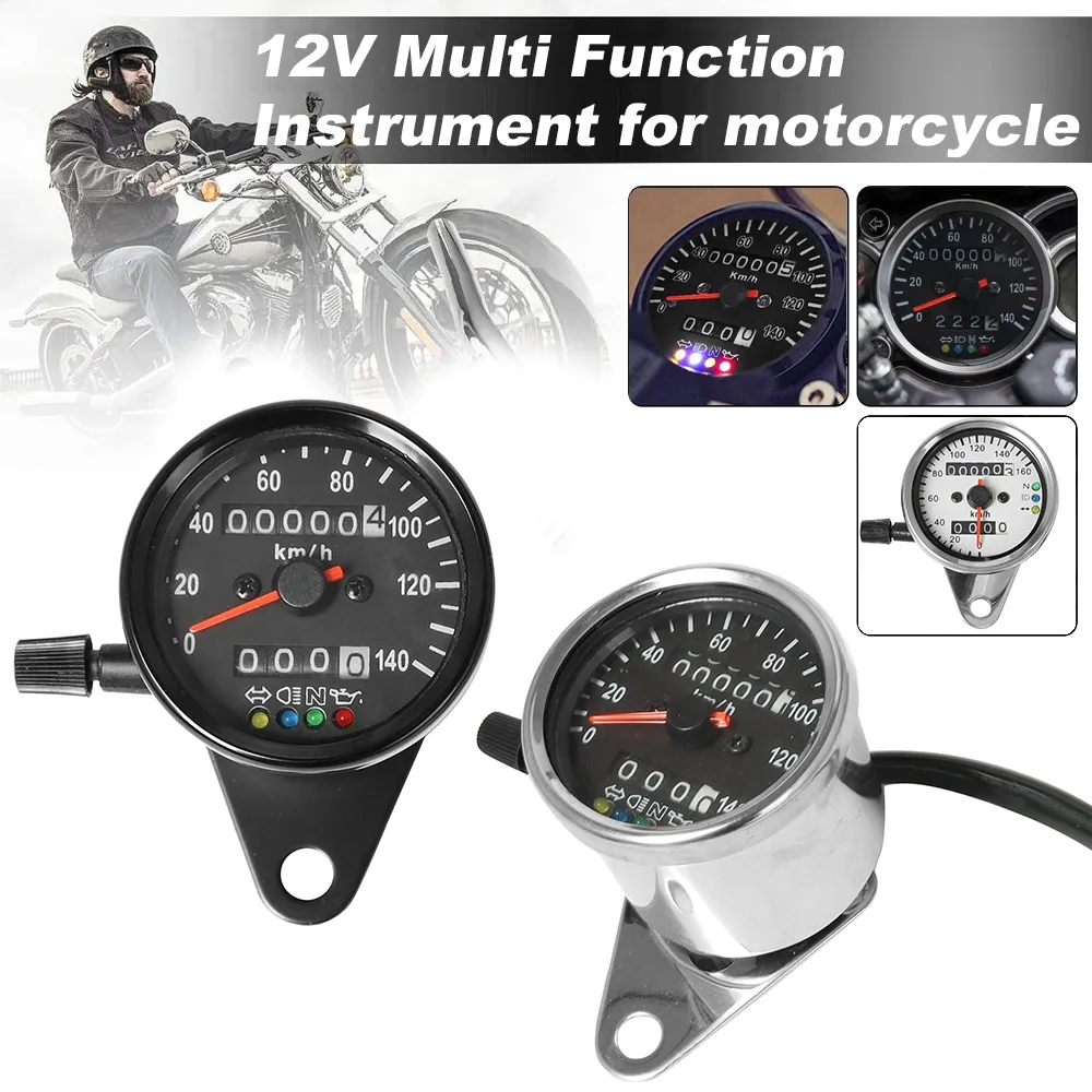 Universal Motorcycle Dual Odometer KMH Speedometer Gauge Meter LED ...