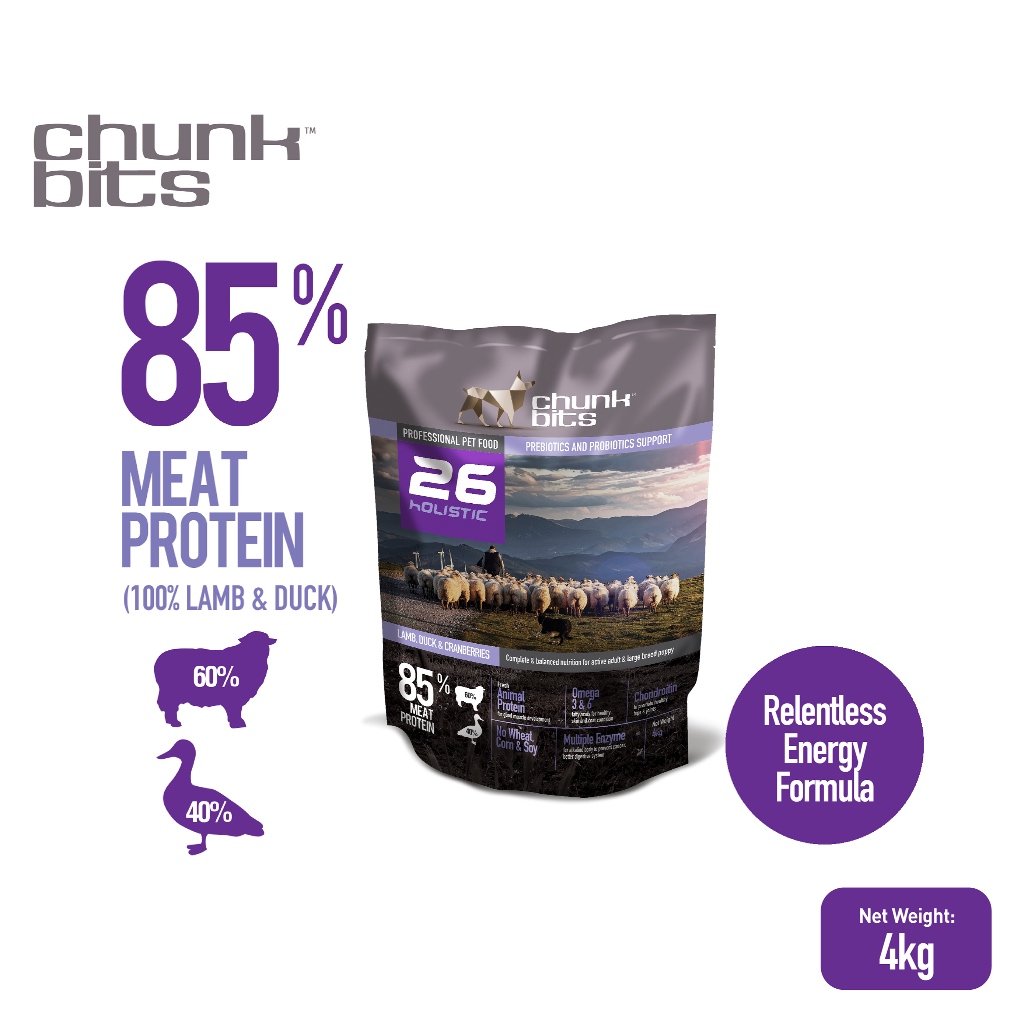 CHUNKBITS Holistic 26 Dog Dry Food - Lamb/Duck/Cranberries (4kg ...