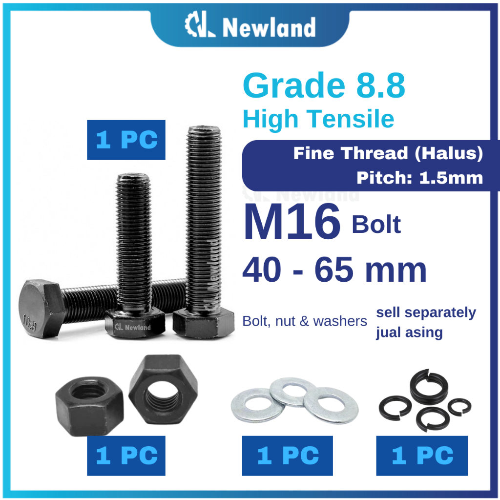 Newland M16 Fine Thread Bolt and Nuts / Plain Washer / Spring Washer ...