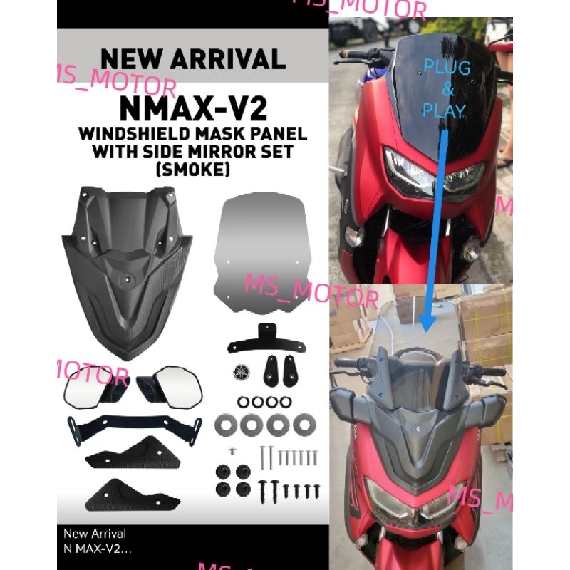 NMAX V2 WINDSHIELD MASK PANEL WITH SIDE MIRROR SET (SMOKE) PLUG N PLAY ...