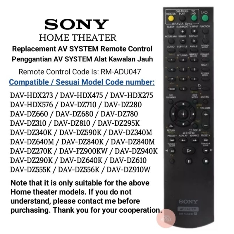 *High Quality*Sony RM-ADU047 Av System Home Theater Replacement Remote ...