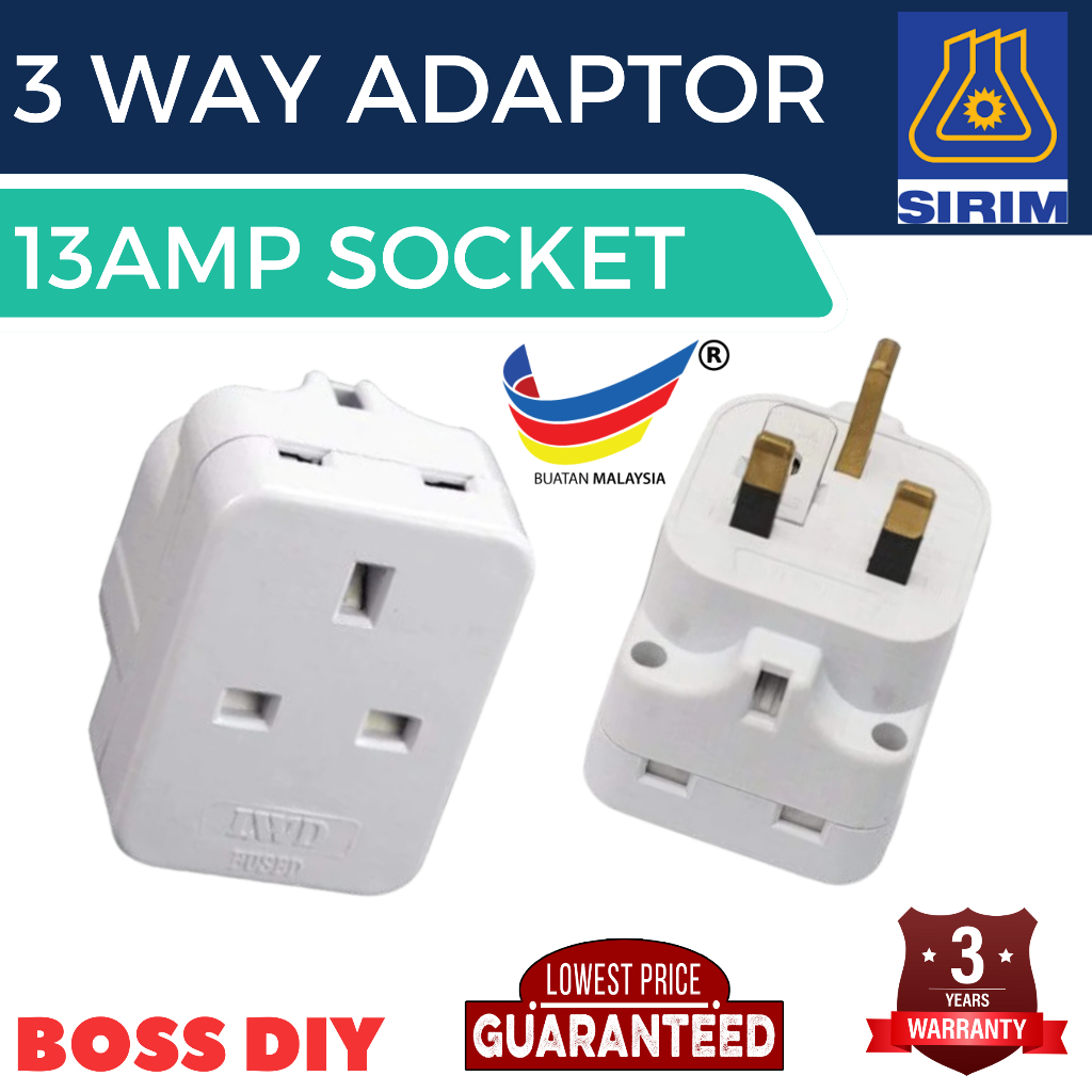 LWD 3 Way Adaptor 13Amp Socket Extension Plug Adapter Switch 3Way ...