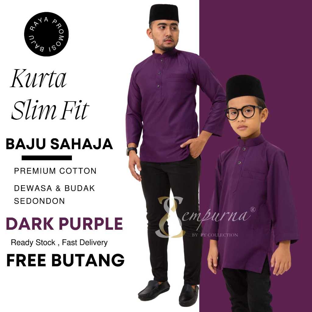 WARNA DARK PURPLE KURTA SLIM FIT KAIN COTTON / BAJU KURTA RAYA SEPASANG ...