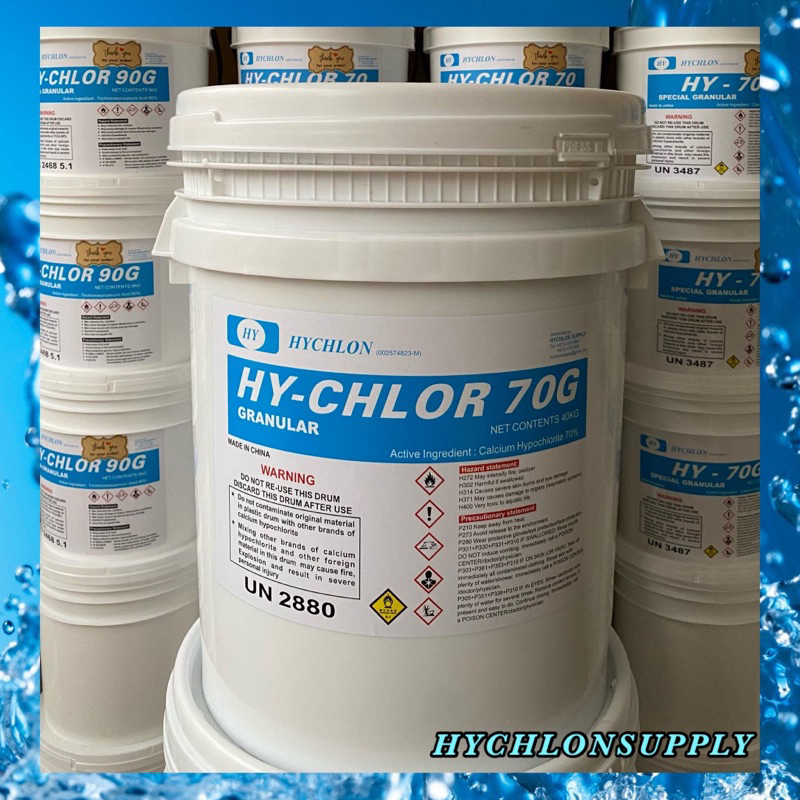 Chlorine HY-CHLOR 70G 40KG Swimming Pool Calcium Hypochlorite | Shopee ...