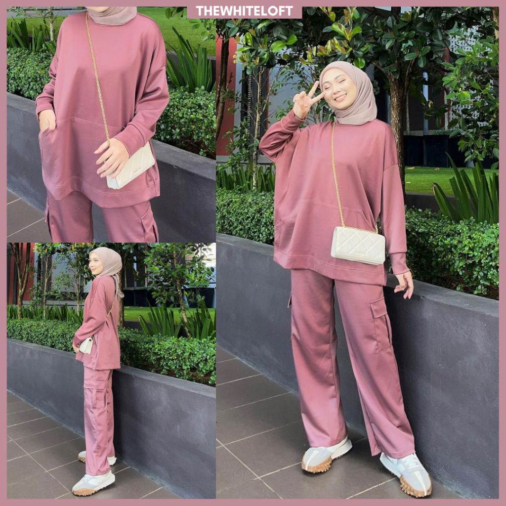 Readystock Bella Set Haurabelle Sweaters Top with Cargo Pants One Set ...