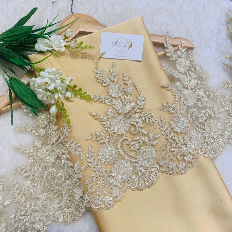 SET KAIN PASANG LACE SOFTGOLD,CREAM, BORDERLACE LACEMEWAH MANIK BEADING ...