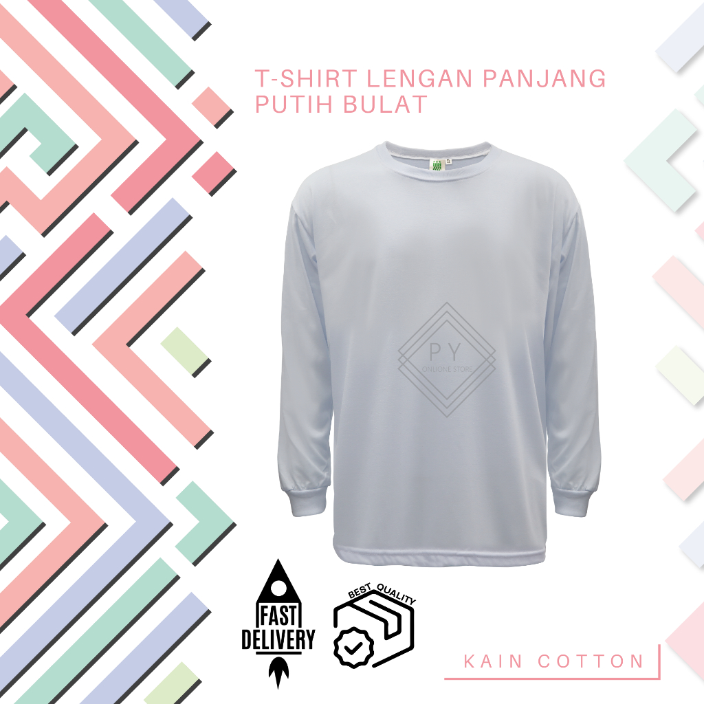 Kain Tebal Long Sleeves Round Neck White T-Shirt Putih Lengan Panjang ...