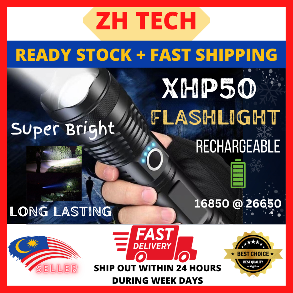 XHP50 FLASHLIGHT LED Rechargeable Outdoor Torch Light Super Bright ...