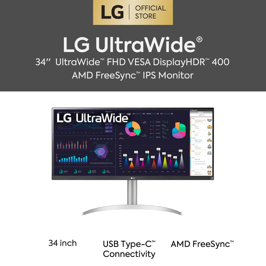 LG 34” 34WQ650 IPS FHD DisplayHDR 400 FreeSync Build In Speaker Type-C ...