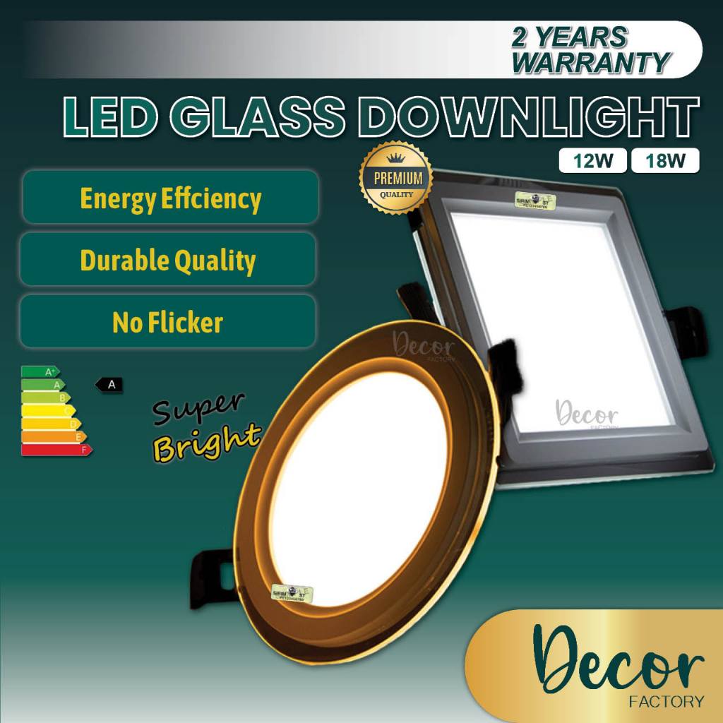 [SIRIM] LED Glass Downlight 4"12W / 6"18W Round Square 3 Color Recessed ...