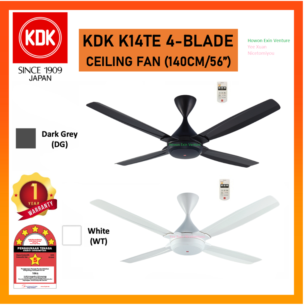 KDK DC 4 Series 56" Ceiling Fan with Remote Control K14TE-DG (Dark Grey ...